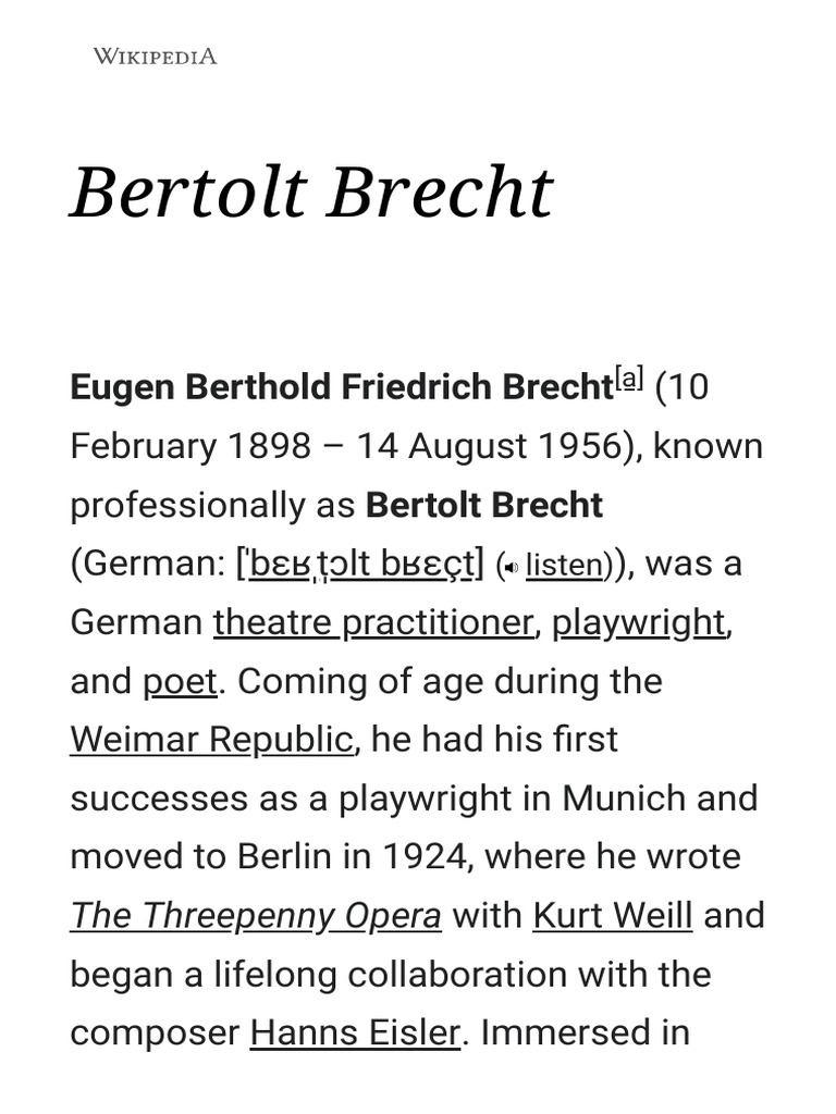 Bertolt Brecht - Wikipedia | PDF | Theatre | Entertainment (General)