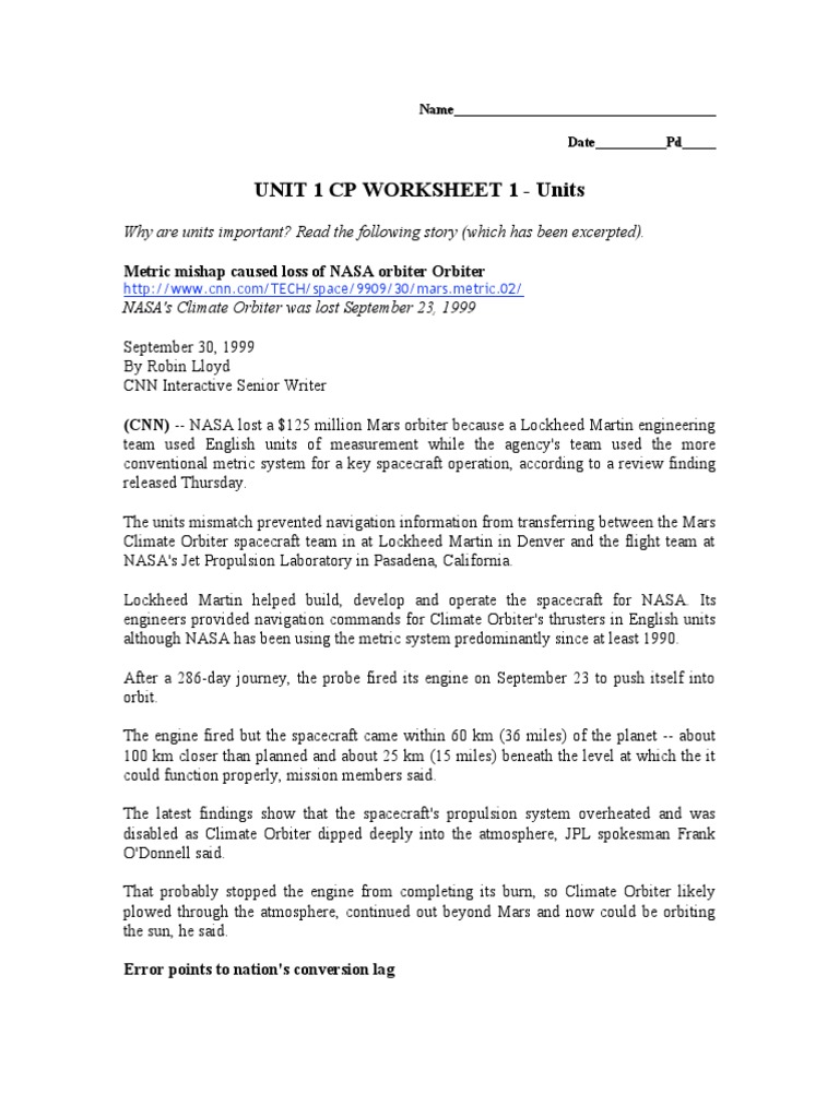 Unit 1 CP Worksheet 1 - Units: Why Are Units Important? Read The ...