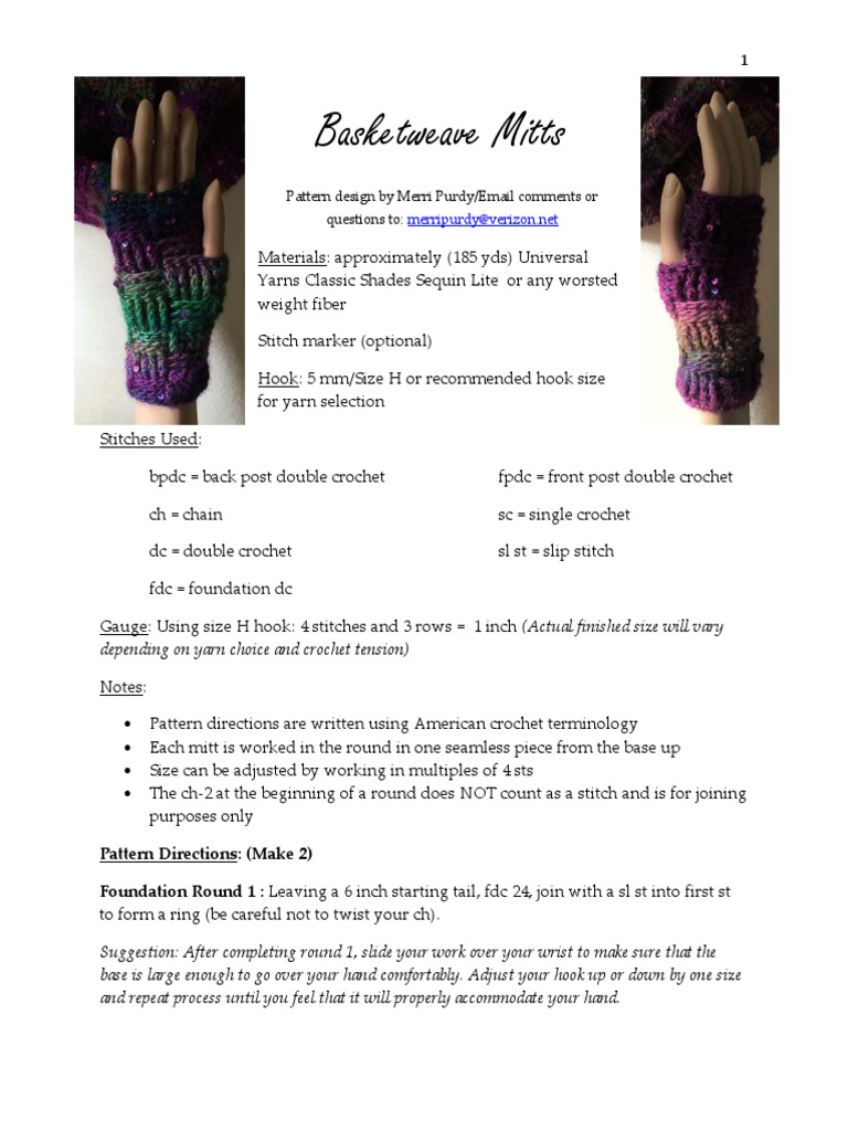 Basketweave Mitts: Pattern Design by Merri Purdy/Email Comments or ...