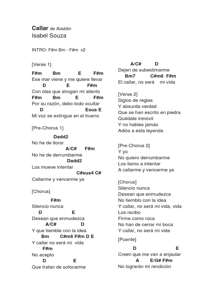Letra de "Callar" de Aladdin | PDF