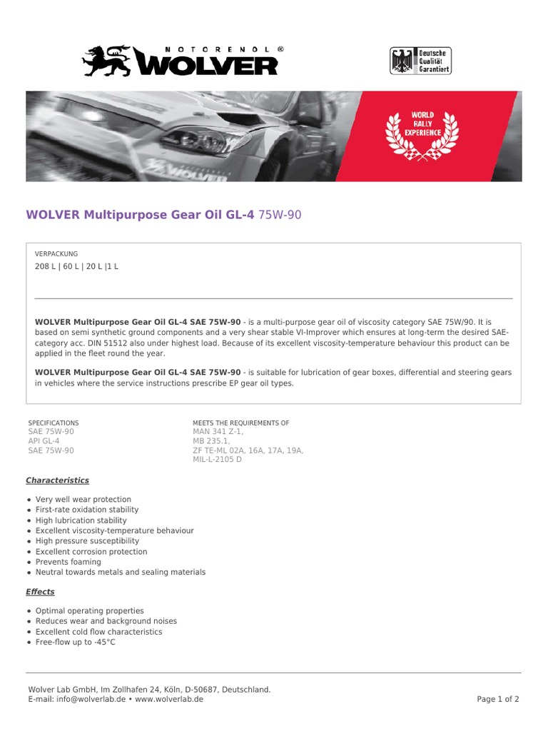WOLVER Multipurpose Gear Oil GL-4 75W-90 PDF | PDF | Oils | Soft Matter
