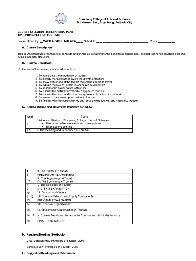 Principles of Tourism Course Syllabus | PDF | Tourism | Lecture