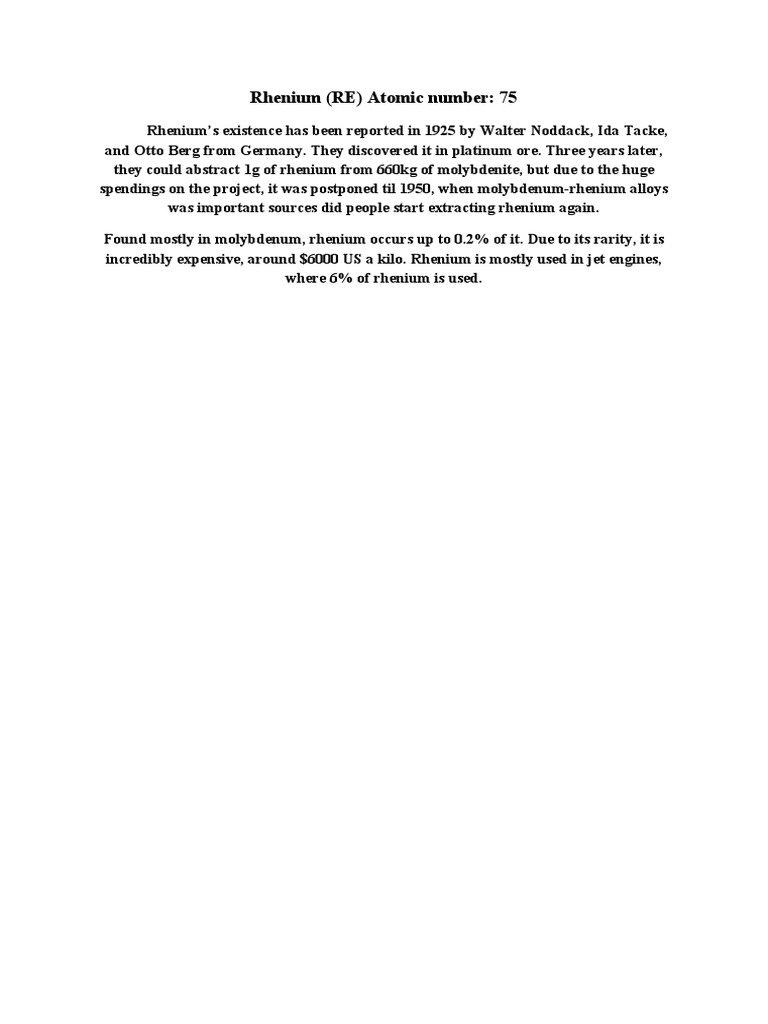 Rhenium: Discovery, Uses, and Cost | PDF