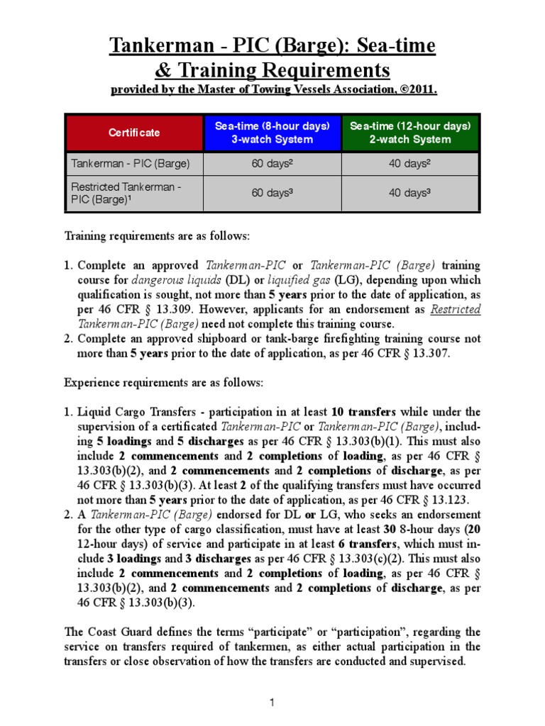 Tankerman - PIC (Barge) : Sea-Time & Training Requirements | PDF ...