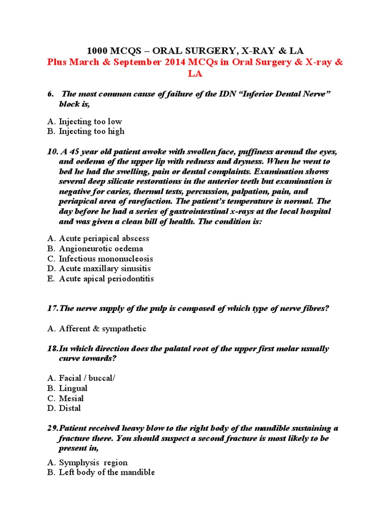 1000+ MCQs on Oral Surgery, X-rays & LA | PDF | Human Head And Neck ...
