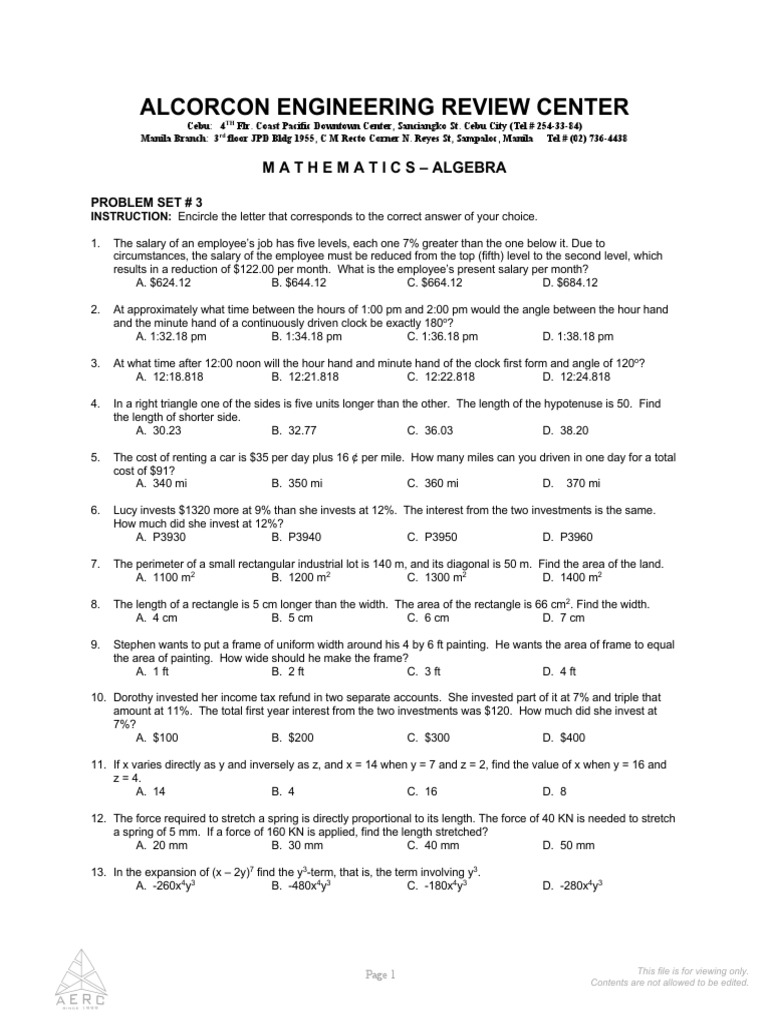 Alcorcon Engineering Review Center: Mathematics-Algebra | PDF | Area ...