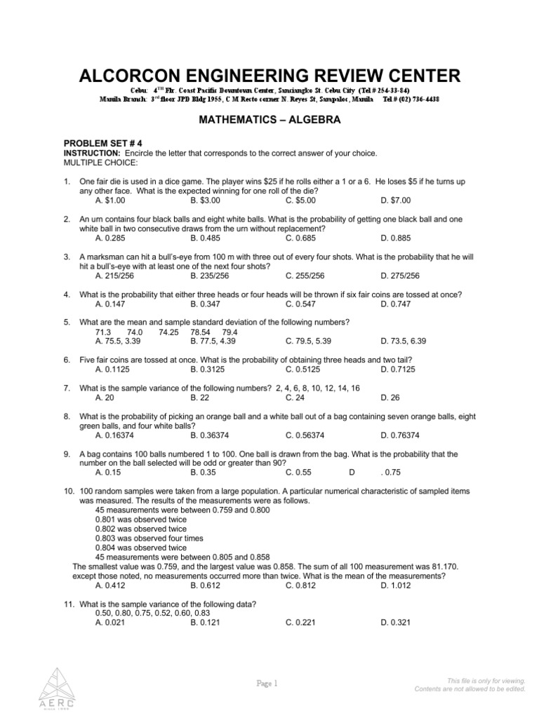 Alcorcon Engineering Review Center: Mathematics - Algebra | PDF ...