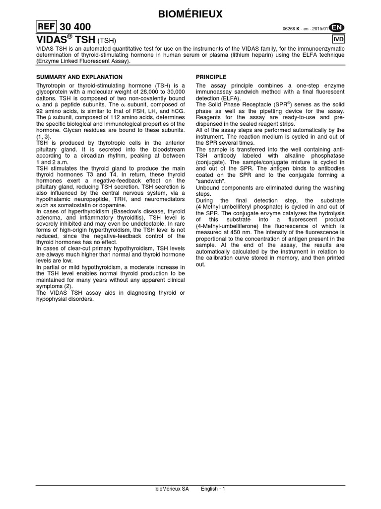 Biomérieux 30 400 Vidas Tsh Summary And Explanation Principle Pdf Thyroid Stimulating