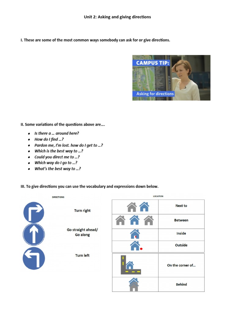 Unit 2: Asking and Giving Directions: I. These Are Some of The Most Common Ways Somebody Can Ask ...