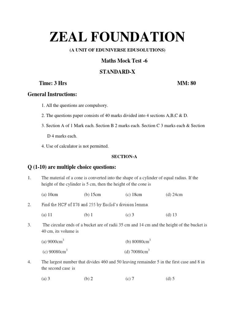 Maths Mock Test - 6 | PDF | Circle | Area