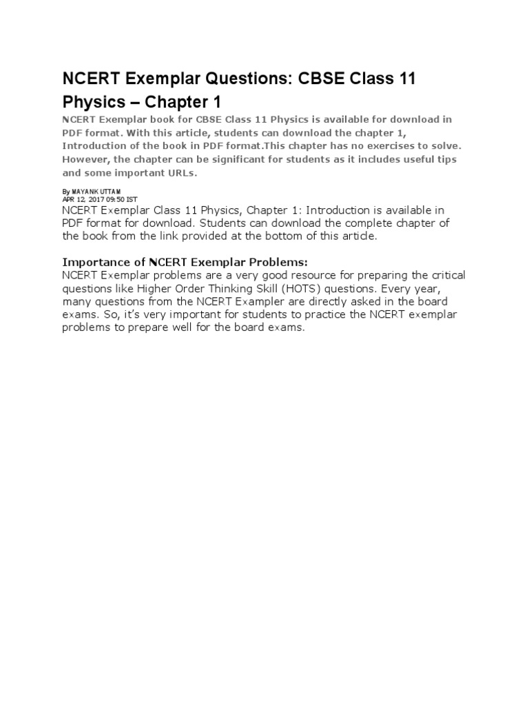 NCERT Exemplar Class 11 Physics Ch 1 | PDF
