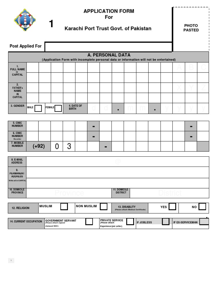 A B C X Y Z D D M M y y y Y: Application Form For Karachi Port Trust Govt. of Pakistan | PDF ...