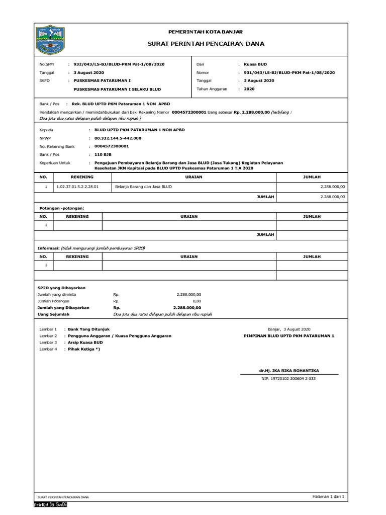 Contoh Peng SPJ An JKN Kapitasi Pada Puskesmas | PDF