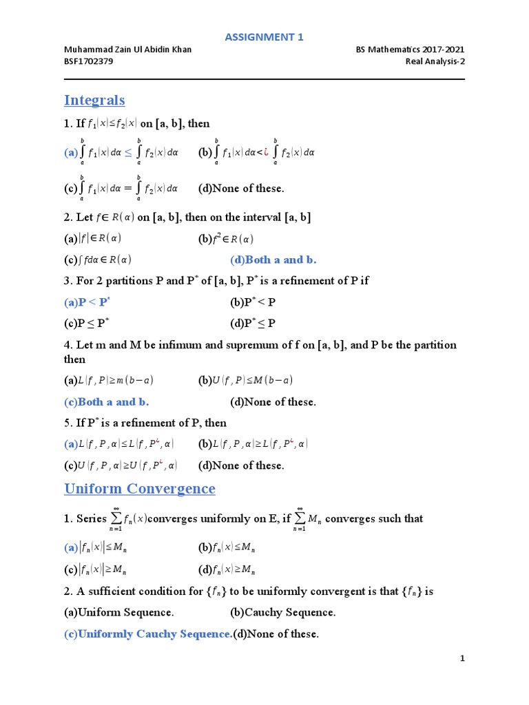 Analysis of Key Concepts in Real Analysis: Integrals, Uniform ...