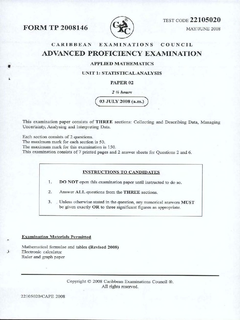 CAPE Applied Mathematics 2008 U1 P2 TT | PDF | Statistical Hypothesis ...