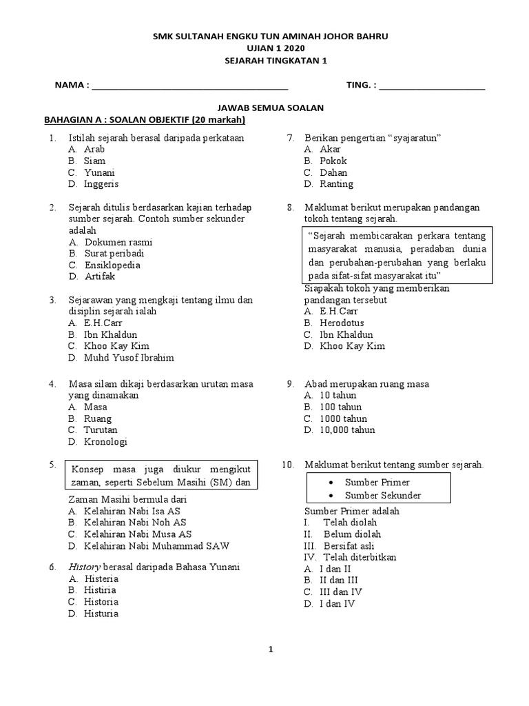 Ujian 1 Sejarah T1 2020 | PDF