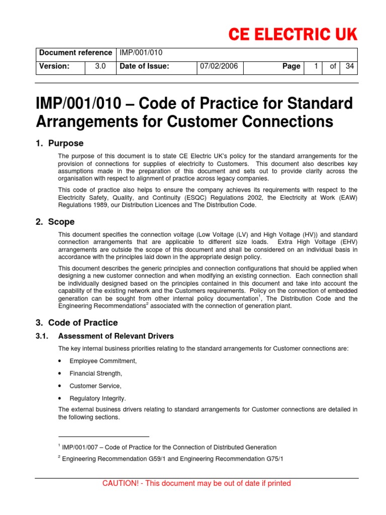 Ce Electric Uk: IMP/001/010 - Code of Practice For Standard Arrangements For Customer ...