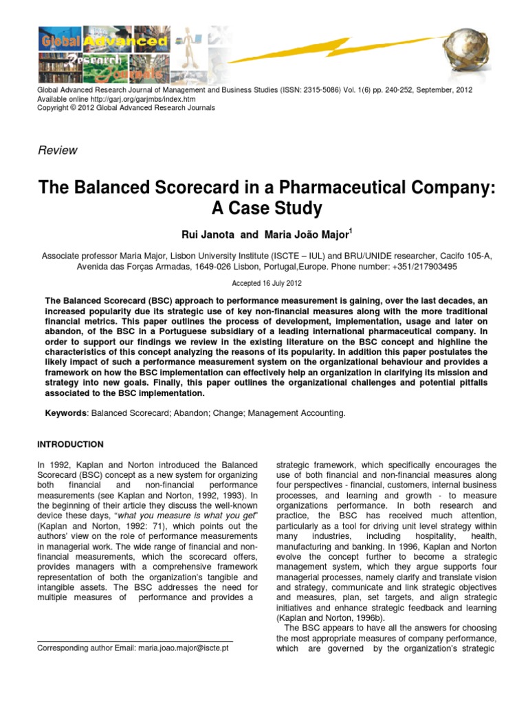 The Balanced Scorecard in A Pharmaceutical Company A Case Study PDF ...