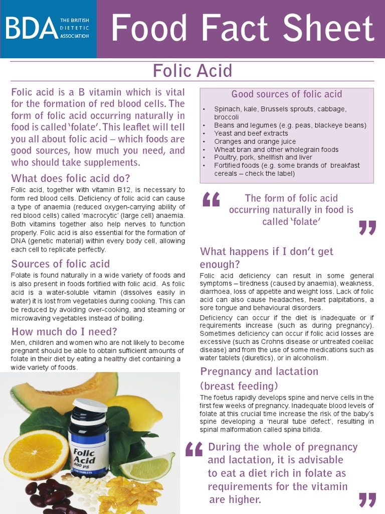 Folic Acid: Bda Food Fact Sheet | Download Free PDF | Vitamin | Pregnancy