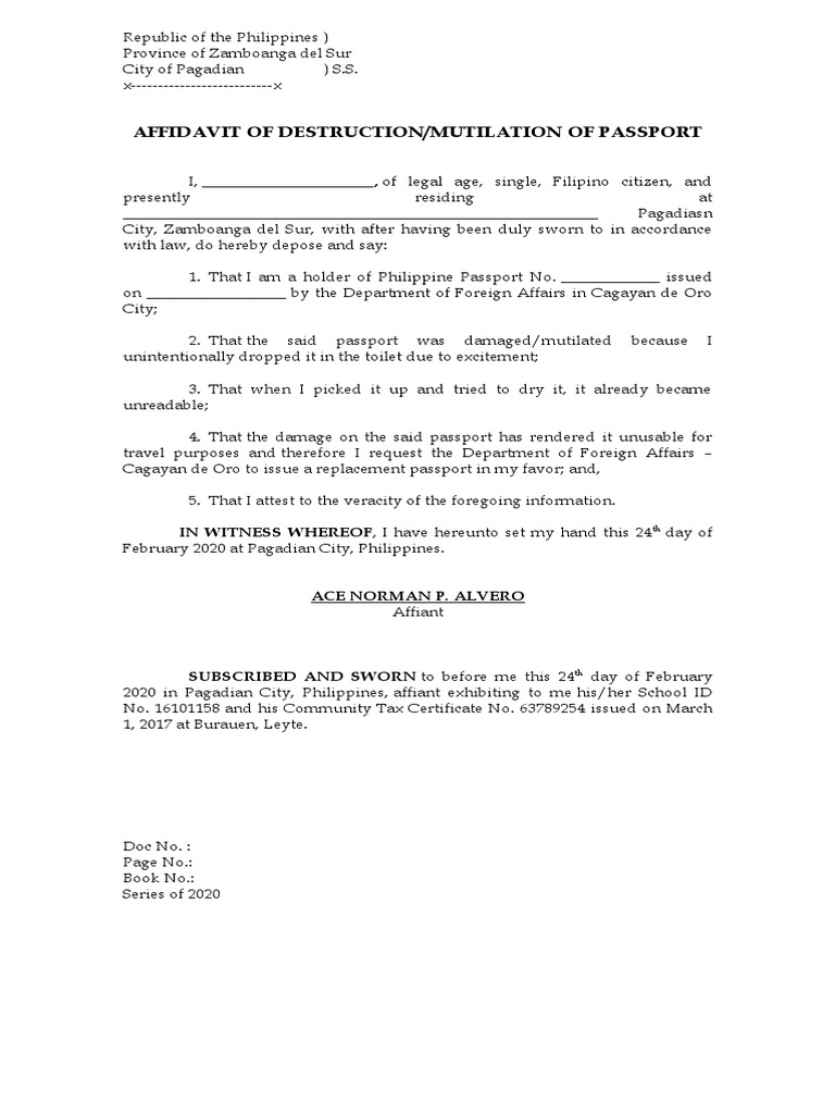 Affidavit of Destruction/Mutilation of Passport: IN WITNESS WHEREOF, I ...