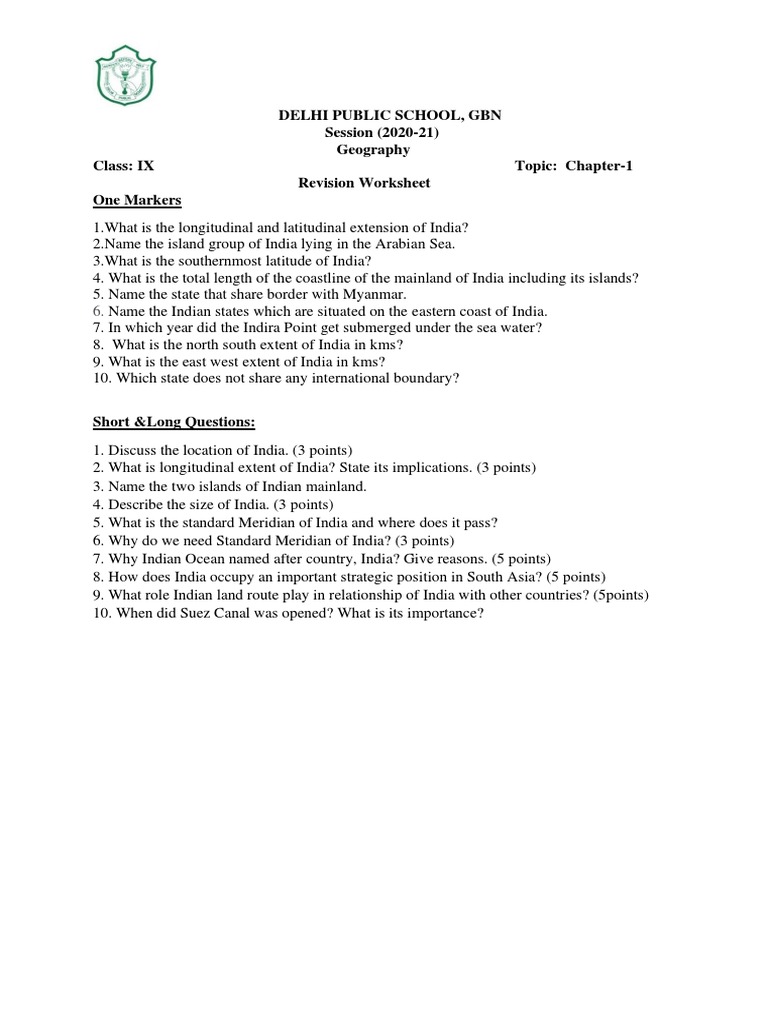 Delhi Public School, GBN Session (2020-21) Geography Class: IX Topic ...