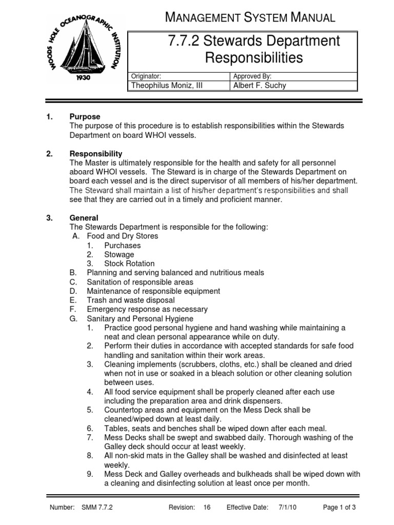 07.7.2 Stewards Dept Responsibilities | PDF | Hygiene | Sanitation