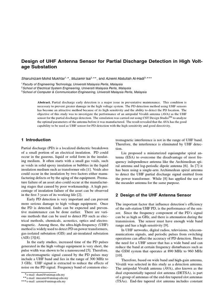 Design of UHF Antenna Sensor For Partial Discharge Detection in High Voltage Substation | PDF ...