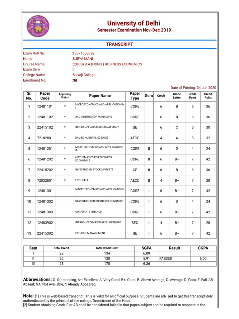 University Delhi Transcript BA Honours Business Economics | PDF ...