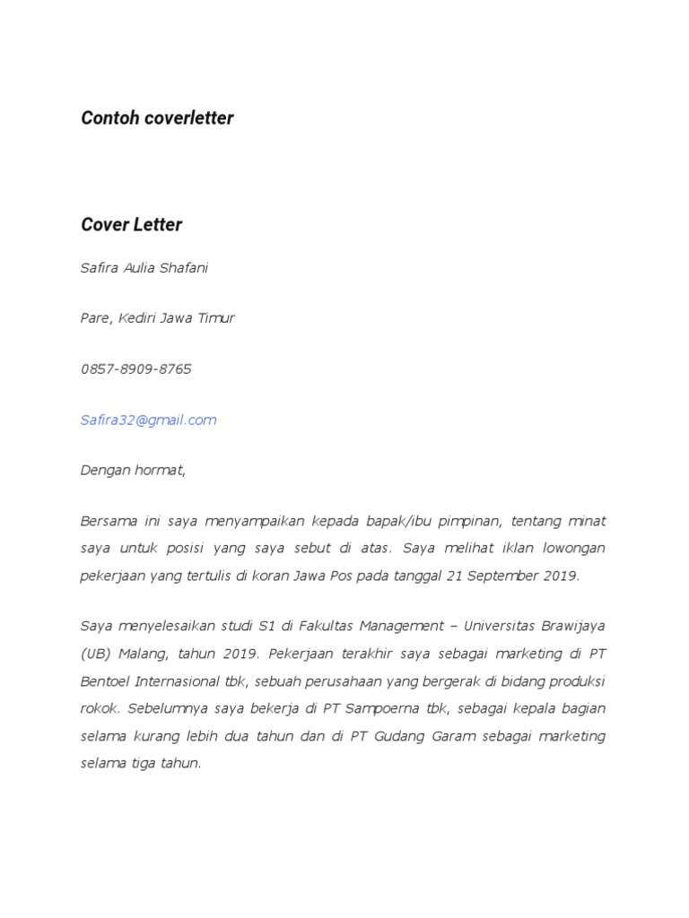 Contoh Cover Letter untuk Pekerjaan | PDF