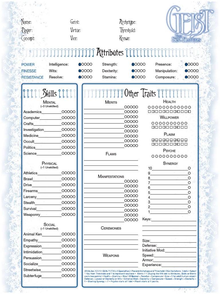 Geist: The Sin-Eaters - Character Sheet | PDF | Weaponry | Leisure