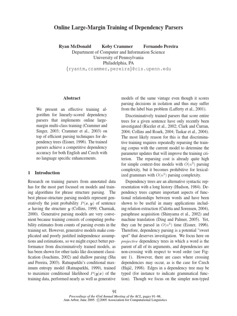 Online Large-Margin Training of Dependency Parsers: Ryan Mcdonald Koby Crammer Fernando Pereira ...