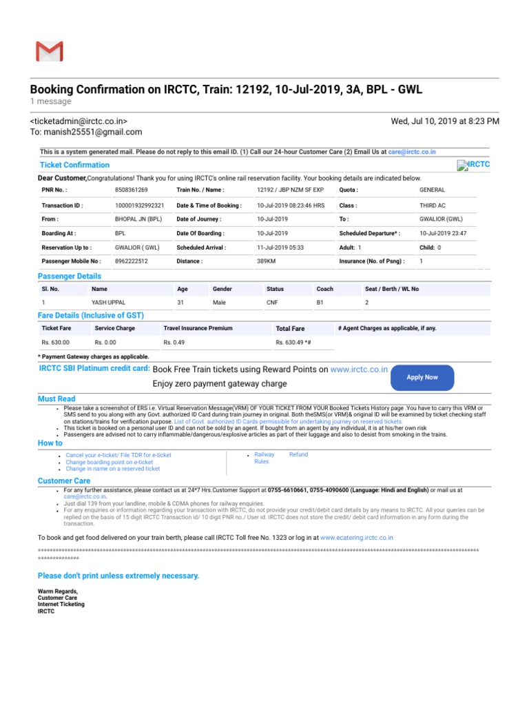 Gmail - Booking Confirmation On IRCTC, Train - 12192, 10-Jul-2019, 3A, BPL - GWL | PDF | Service ...