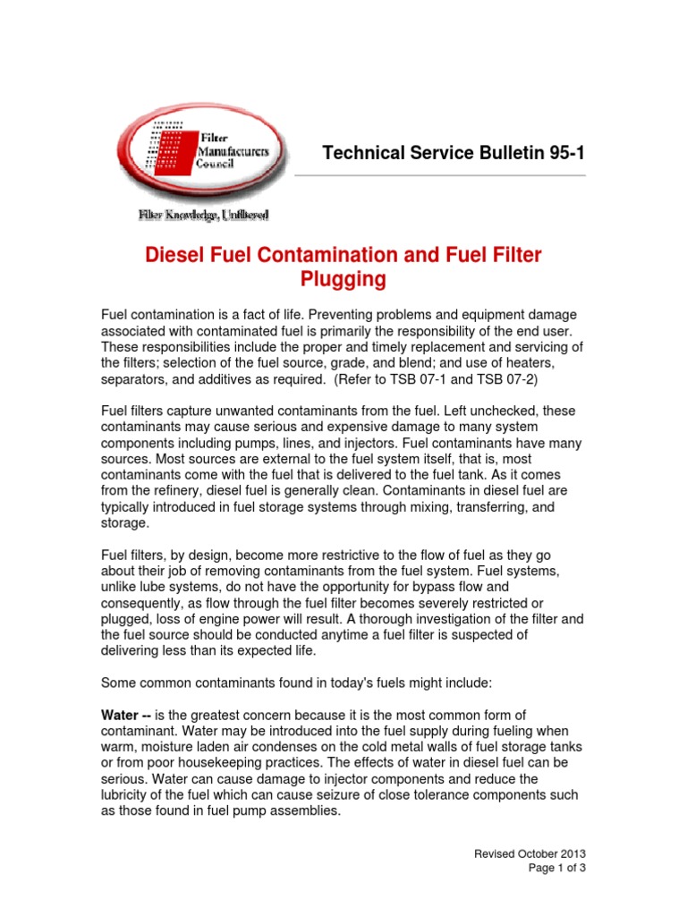 Diesel Fuel Contamination and Fuel Filter Plugging: Technical Service ...