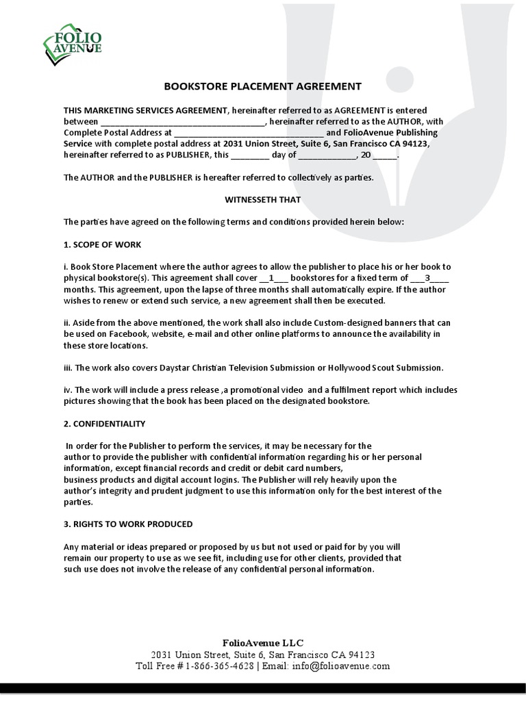 Bookstore Placement Agreement: 2031 Union Street, Suite 6, San Francisco CA 94123 | PDF ...