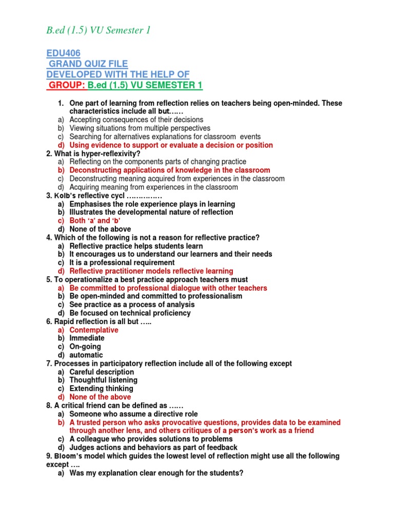 EDU406 Grand Quiz by Amjad | PDF | Reflective Practice | Teachers