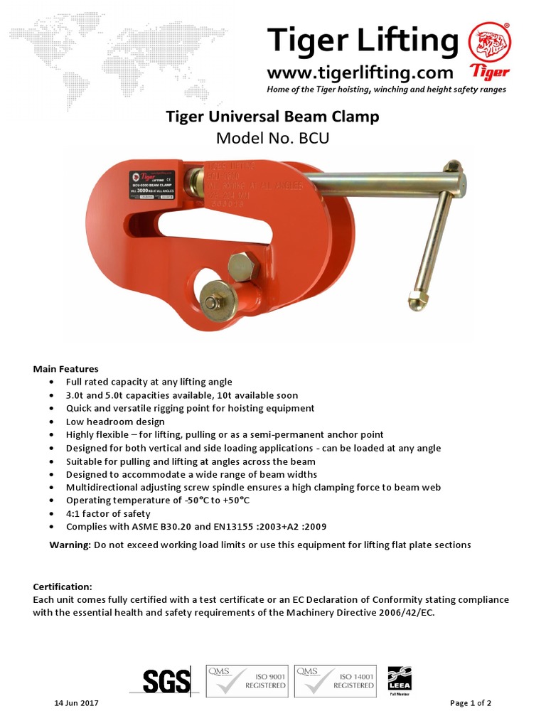 Beam Clamp - Universal - Tiger Lifting | PDF | Manufactured Goods