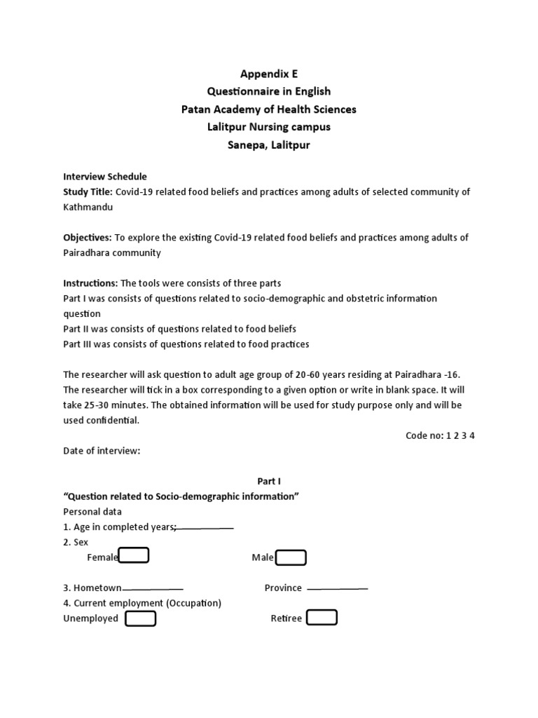 Appendix E Questionnaire in English Patan Academy of Health Sciences ...