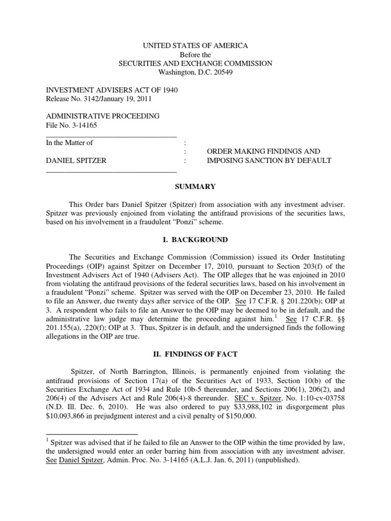 Daniel Spitzer - Order Making Findings and Imposing Sanction by Default ...