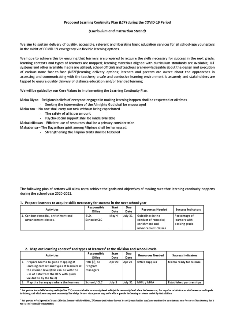 Learning Continuity Plan for COVID-19 | PDF | Learning | Educational ...