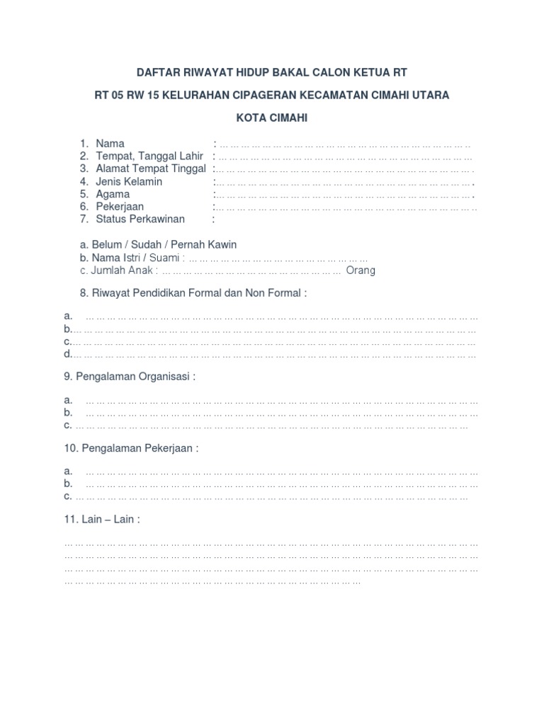 Daftar Riwayat Hidup Bakal Calon Ketua RT | PDF