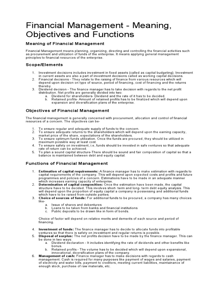 Financial Management - Meaning, Objectives and Functions | PDF ...