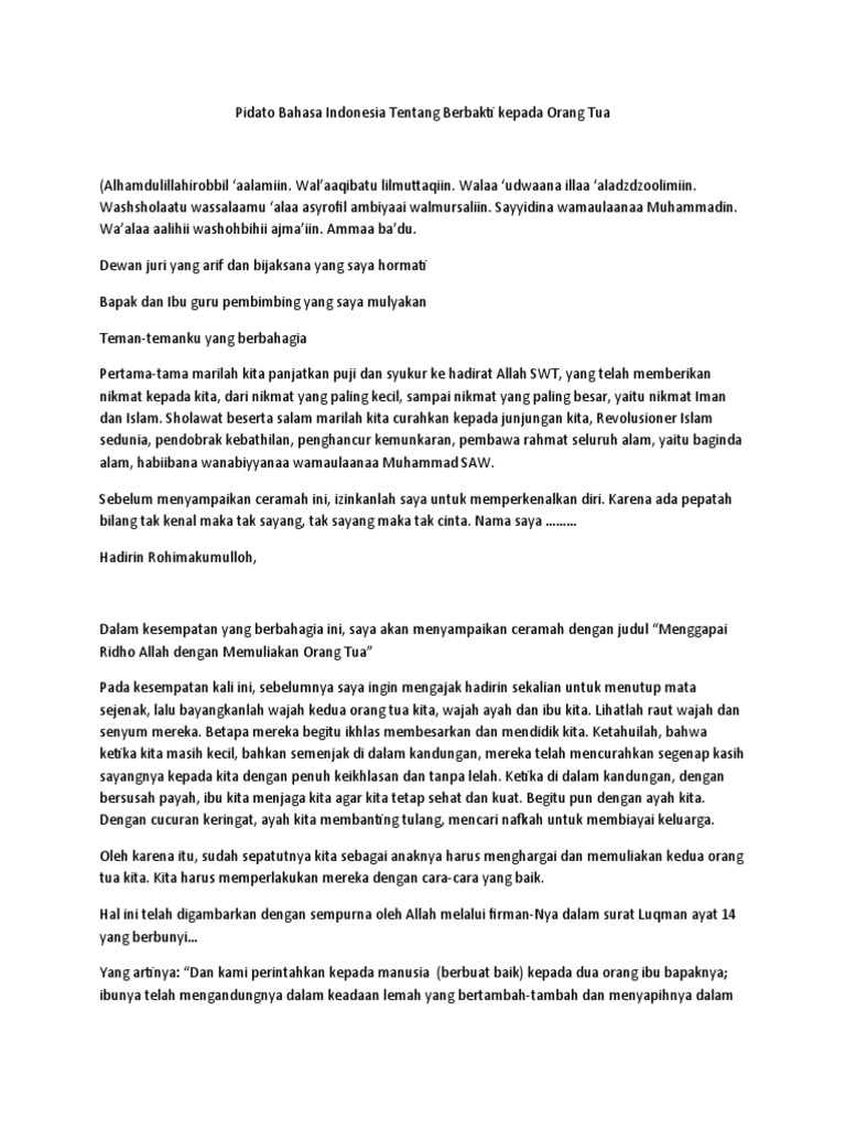 Pidato Bahasa Indonesia Tentang Berbakti Kepada Orang Tua | PDF