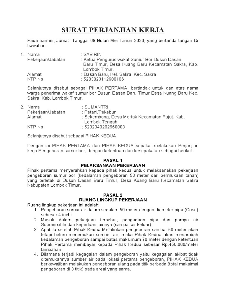 Surat Perjanjian Kerja Sumur Bor | PDF