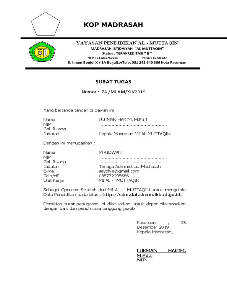 Contoh Surat Penugasan Operator VerValPD Kemenag | PDF