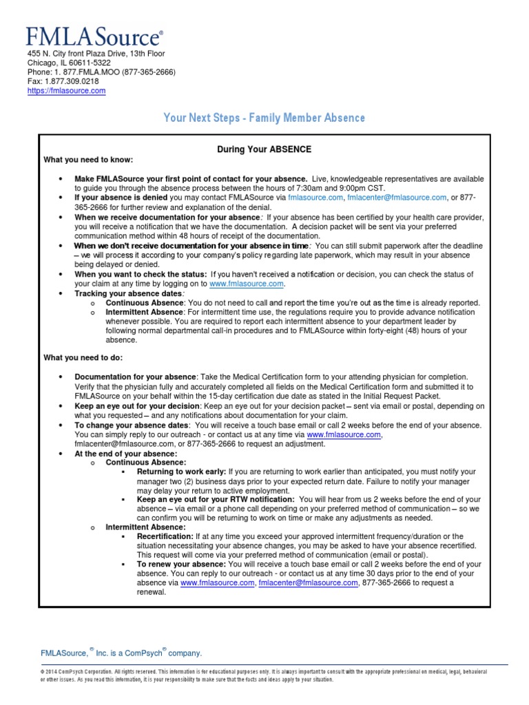 Your Next Steps - Family Member Absence: Phone: 1. 877.FMLA - MOO (877 ...
