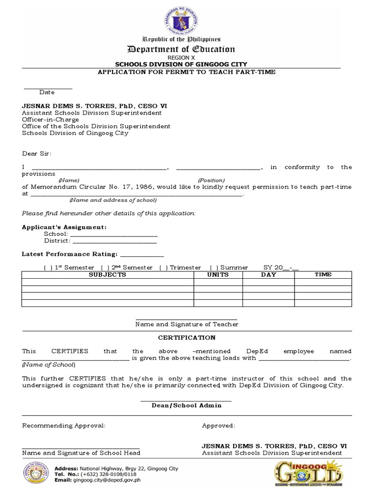 Application For Permit To Teach Part-Time: Please Find Hereunder Other ...