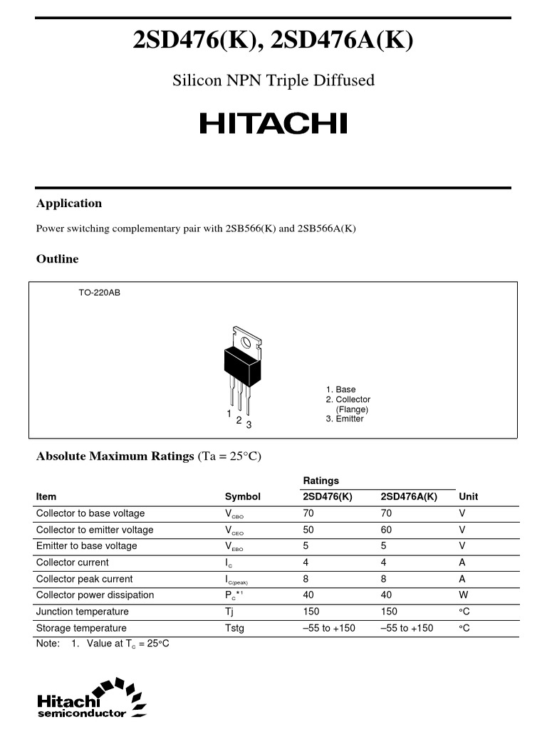 2SD476 (K), 2SD476A (K) : Silicon NPN Triple Diffused | PDF | Bipolar ...
