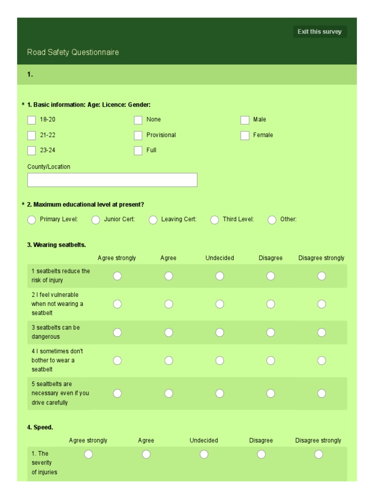 Road Safety Questionnaire: 1. Basic Information: Age: Licence: Gender ...
