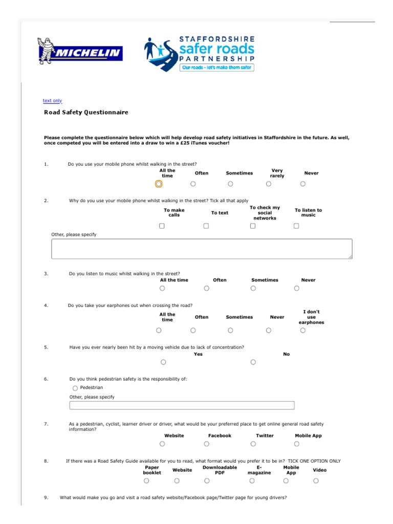 Road Safety Questionnaire: Text Only | PDF | Road Traffic Safety ...