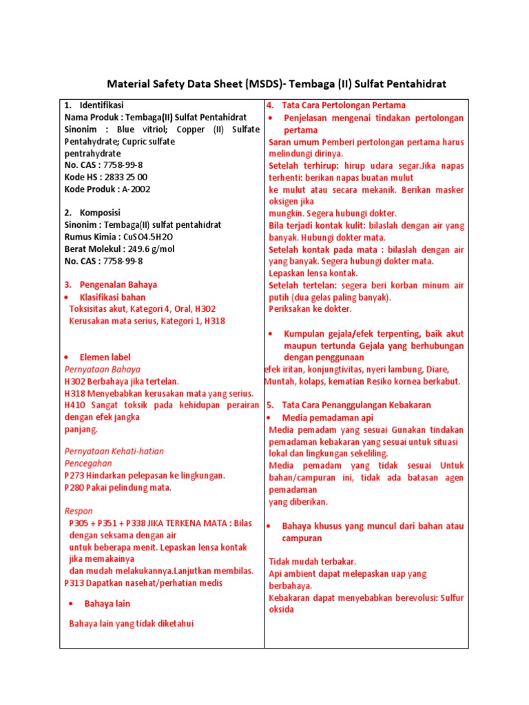 Material Safety Data Sheet (MSDS) - Tembaga (II) Sulfat Pentahidrat | PDF